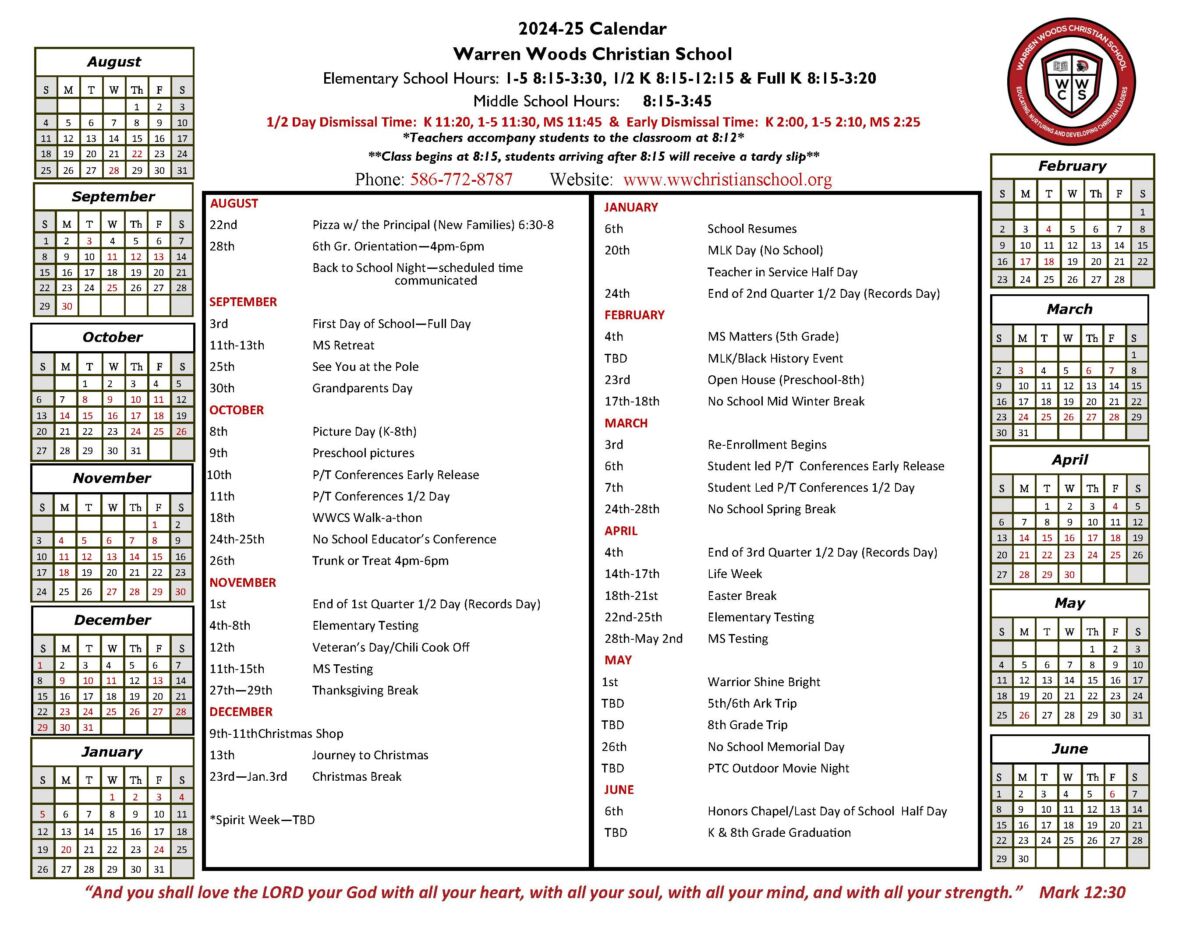 School Calendar – Warren Woods Christian School